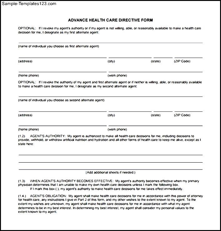 Advance Health Care Directive Form Sample Templates Sample Templates Advance Health Care Directive Form Sample Templates Sample Templates