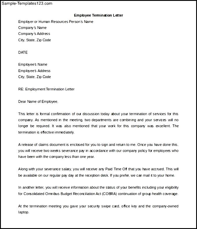 Formal Employee Termination Letter Template Download For Free Sample
