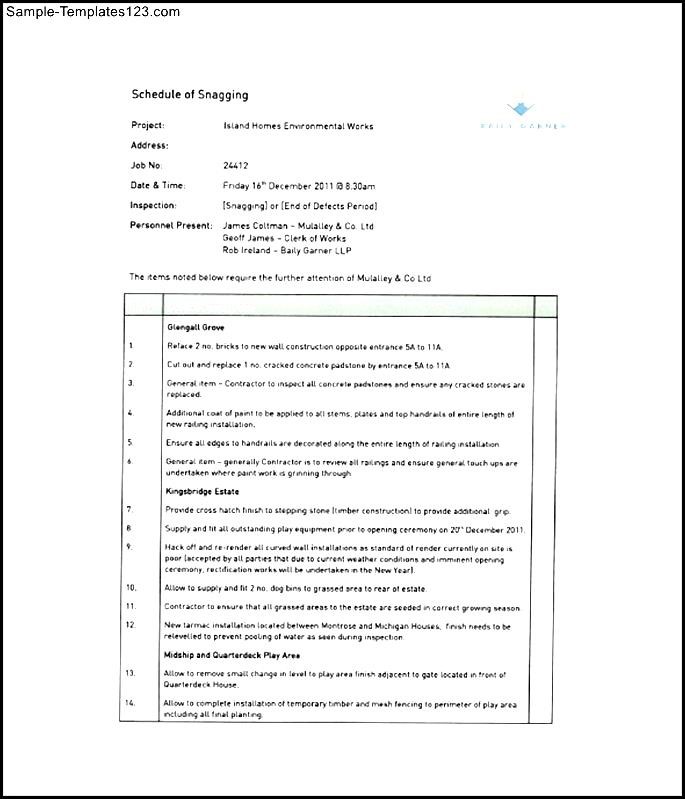 Sample Snag List In Construction Sample Templates Sample Templates